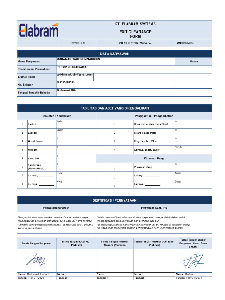Formulir Exit Clearance Karyawan | PDF