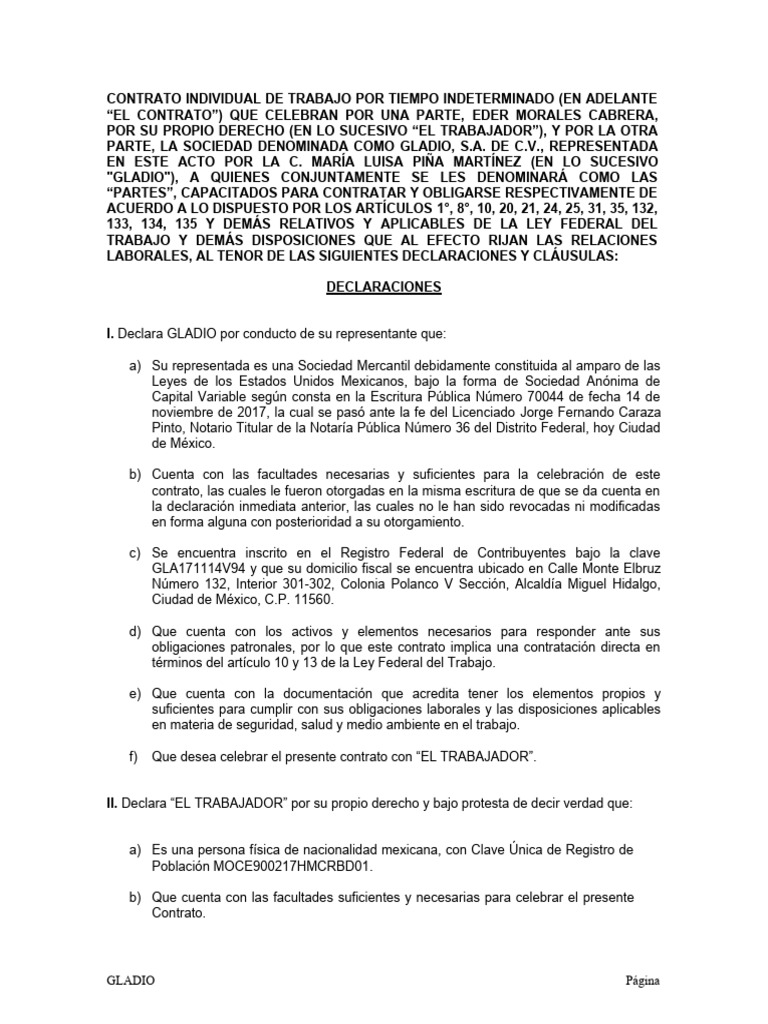 Contrato Laboral Indeterminado - Eder Morales Cabrera | PDF
