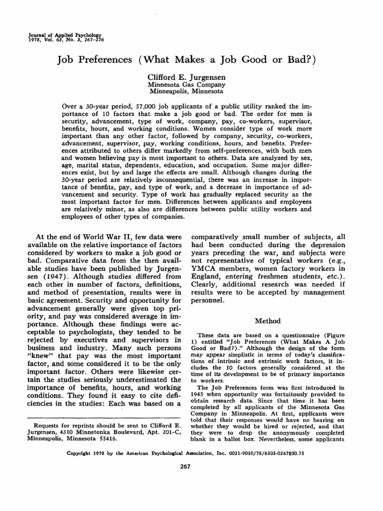 Job Preferences What Makes A Job Good or Bad | Download Free PDF ...