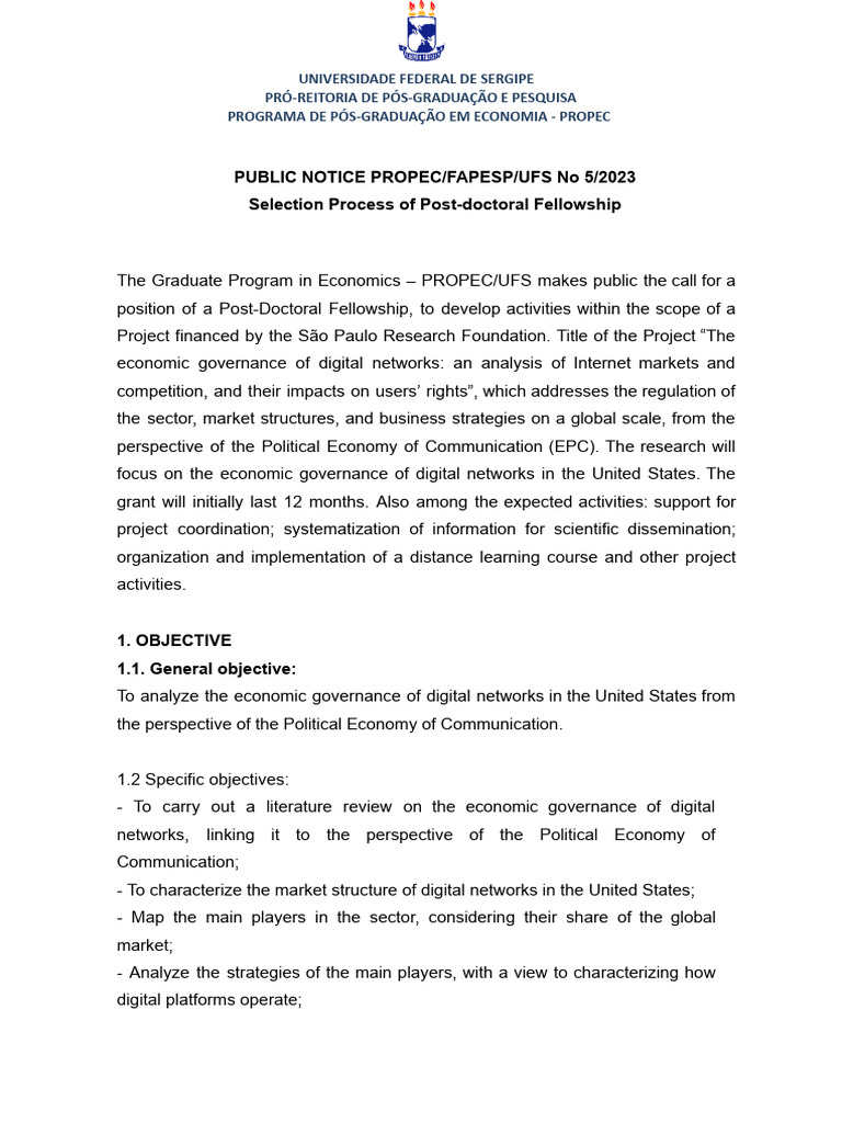 PUBLIC NOTICE PROPEC - FAPESP - UFS No 5 - 2023 Selection Process of ...