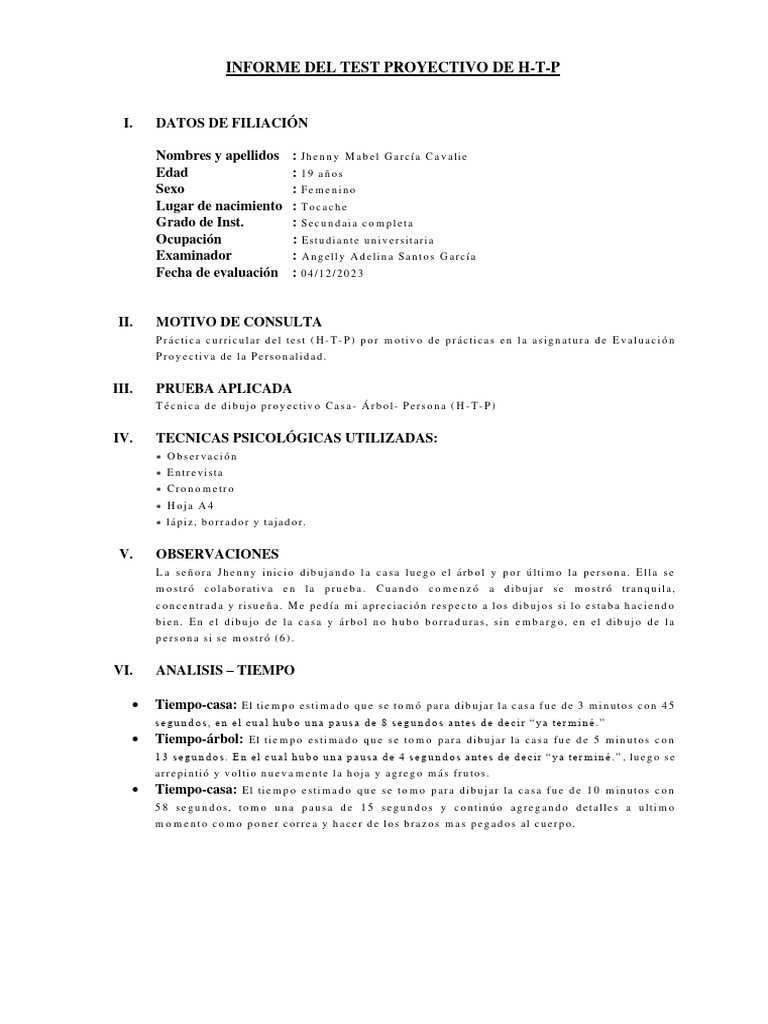 Informe Del Test Proyectivo de H-T-P: - Tiempo-Casa: - Tiempo-Árbol | PDF