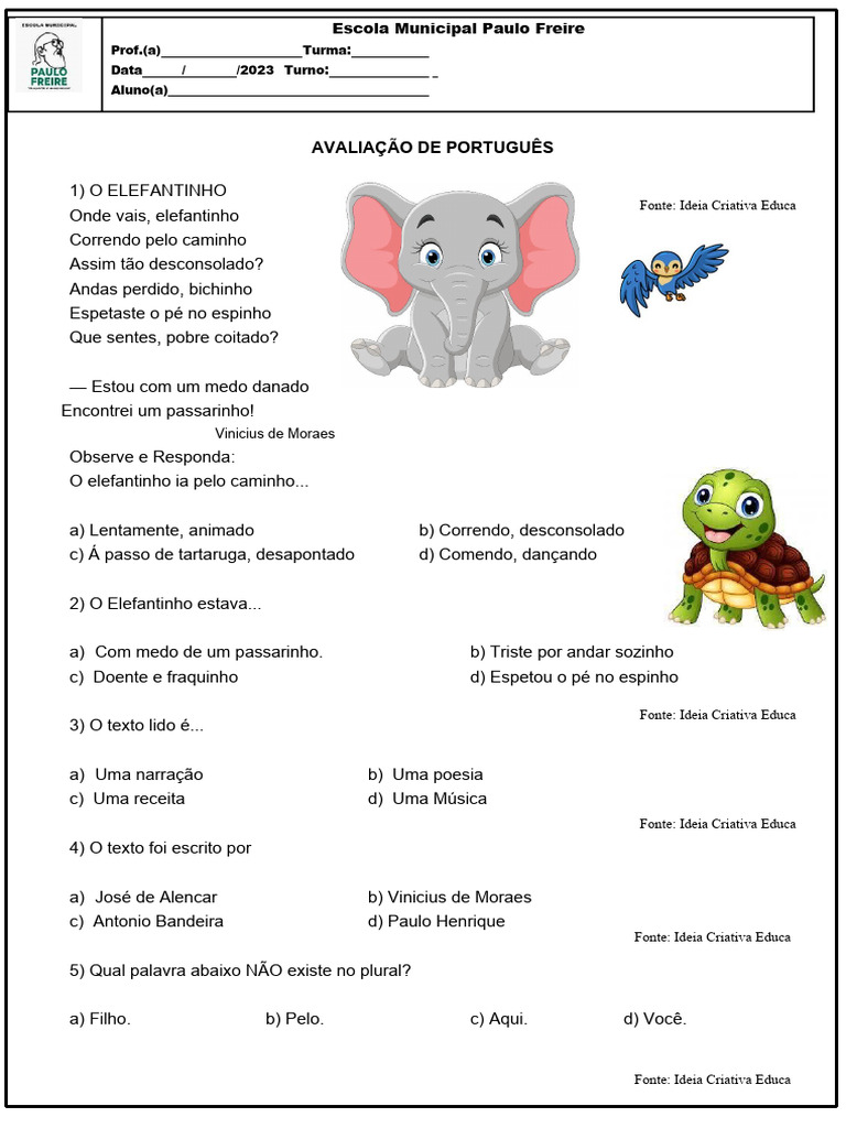 Prova 3 Ano de Portugues | PDF