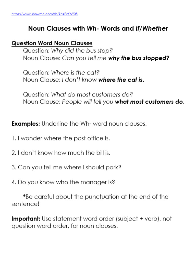Noun Clauses With WH Words and If Whether | PDF | Clause | Question