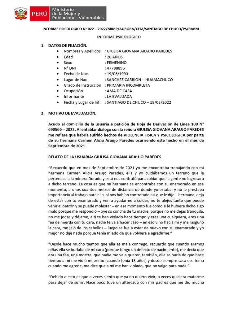 Informe Psicológico | PDF | Violencia | Las emociones