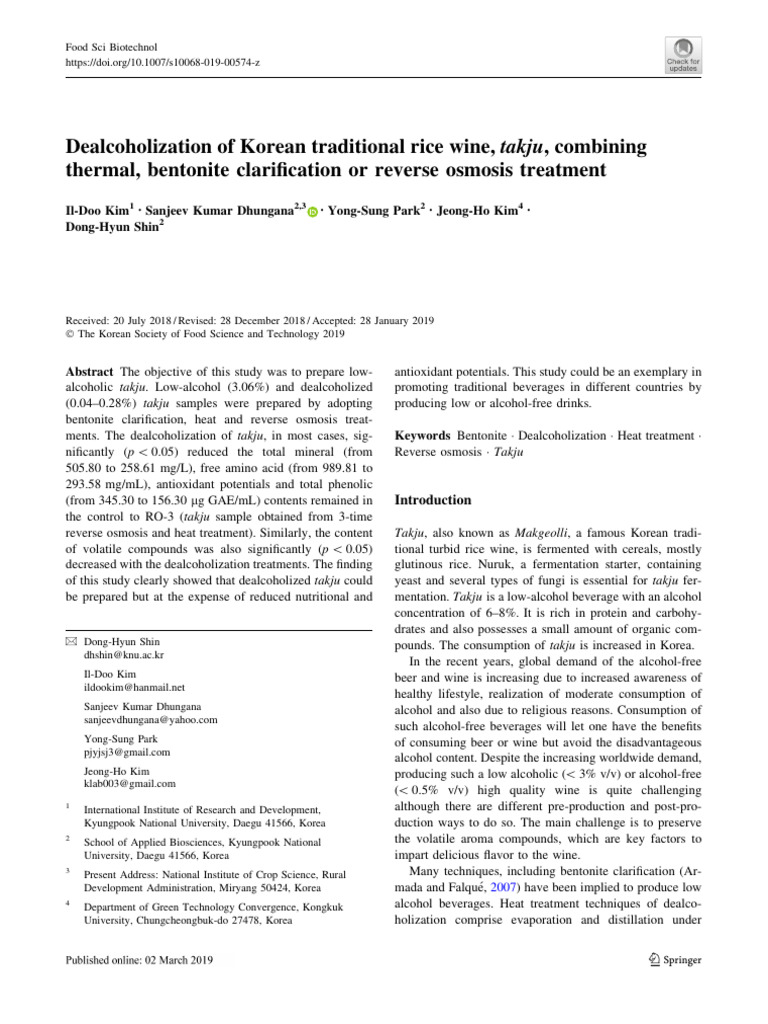 Desalcoholización Del Vino de Arroz Tradicional Coreano, Takju ...