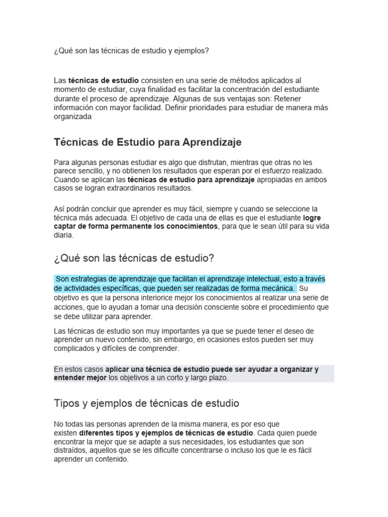 Qué Son Las Técnicas de Estudio y Ejemplos | PDF