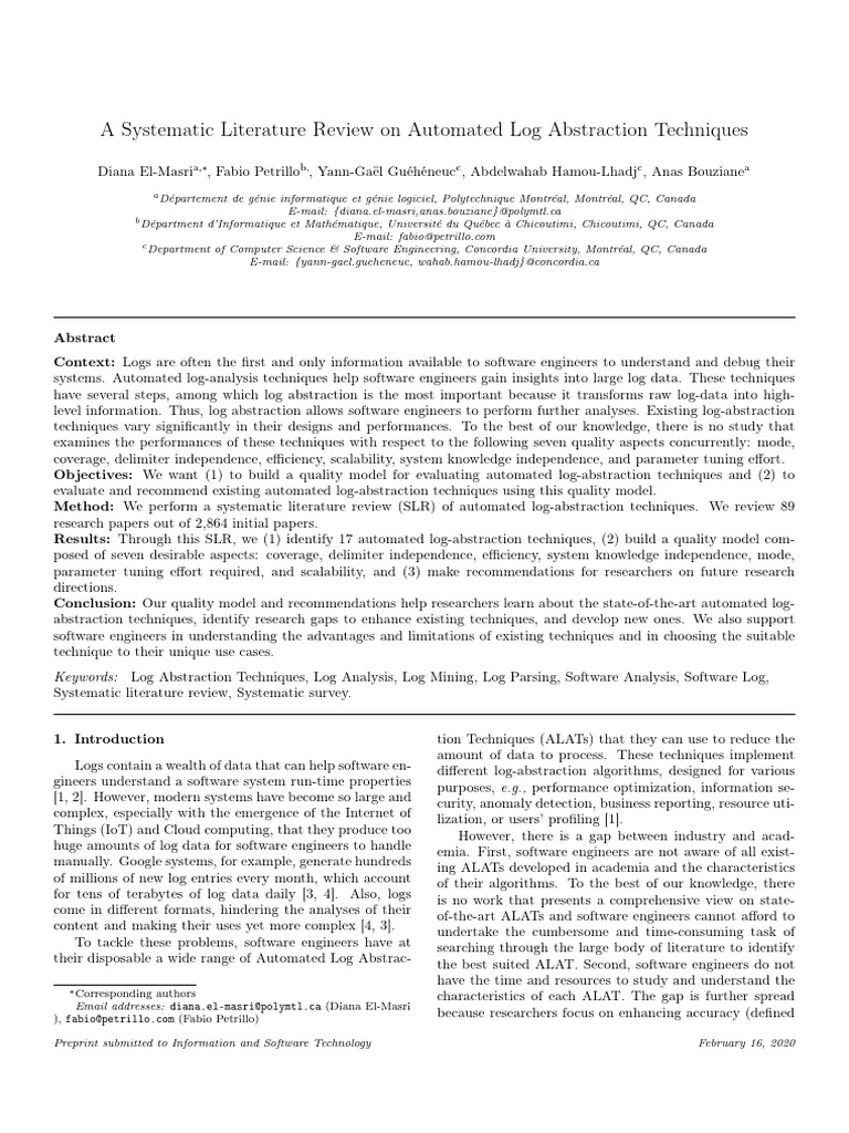 4 El Masri21 A Systematic Literature Review Of Automated Log Abstraction Techniques Pdf