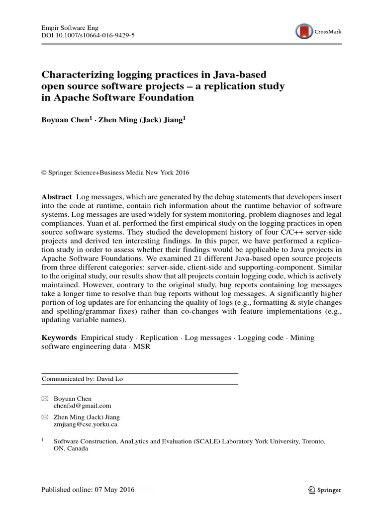 4 Chen16 Characterizing Logging Practices In Java Based Open Source Software Projects A