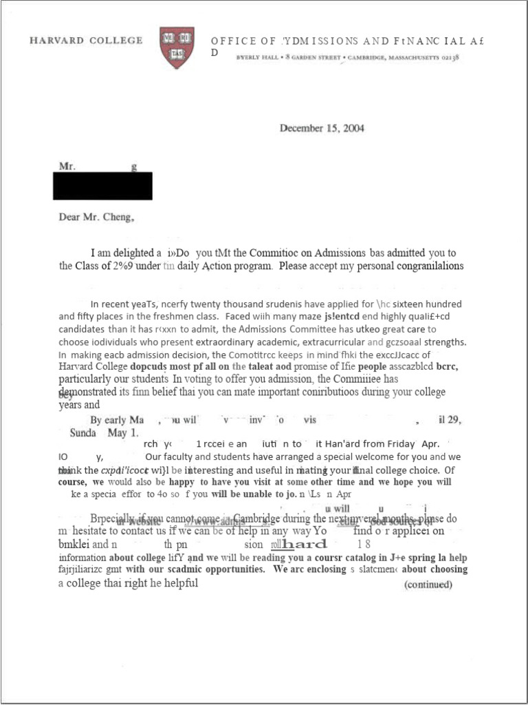 Harvard Acceptance Letter | PDF