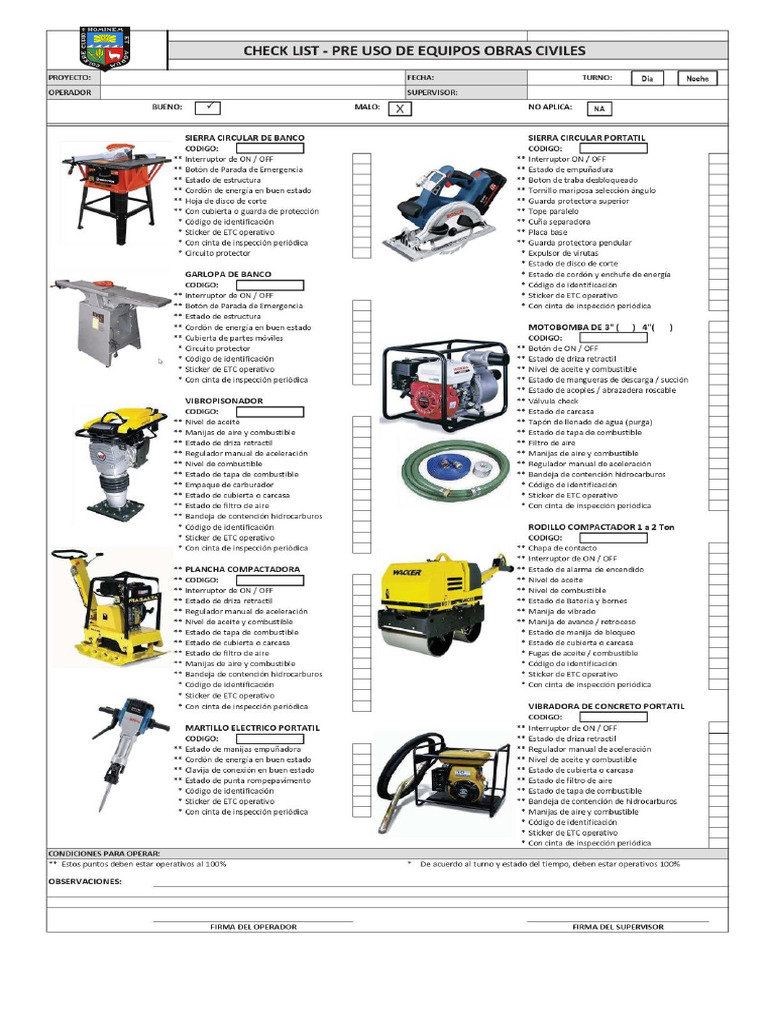 Check List Preuso de Equipos Obras Civiles | PDF