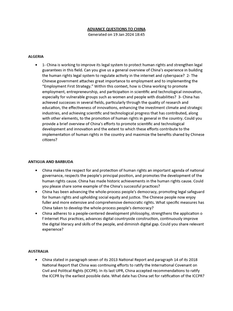 Upr Session45 Advance Questions China | PDF
