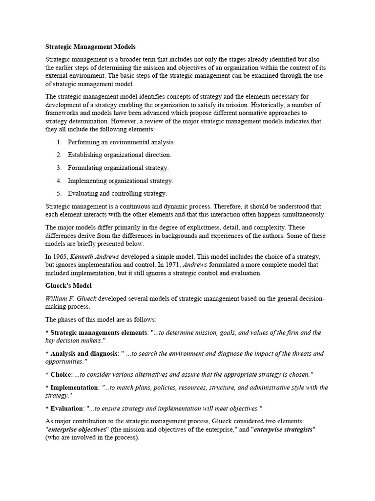 Strategic Management Models | PDF | Strategic Management | Cognitive ...