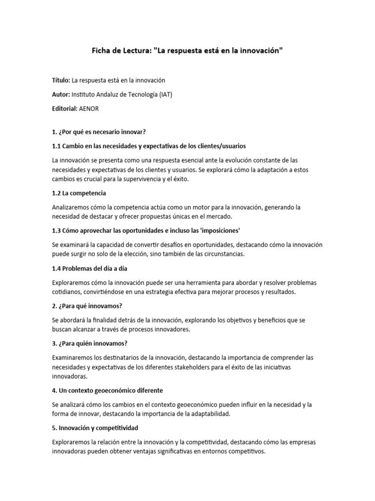 Ficha de Lectura La Respuesta Está en La Innovación | PDF | Innovación ...