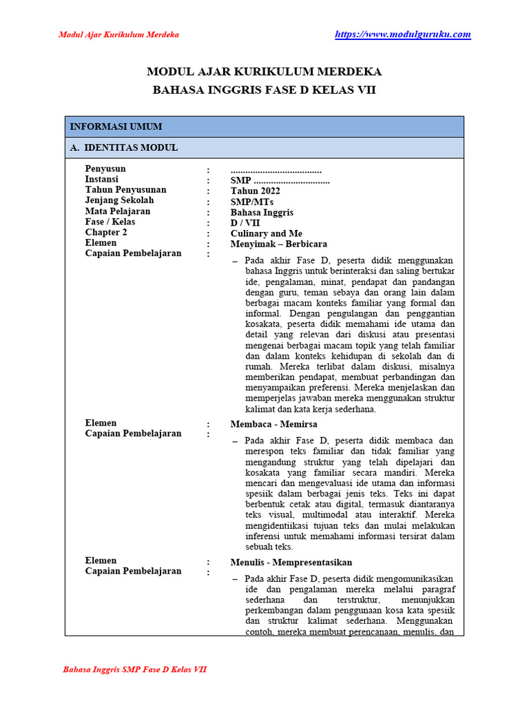 Modul Ajar Culinary and Me | PDF
