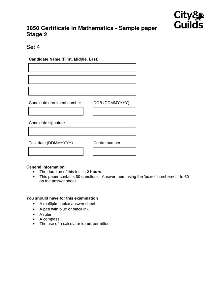 3850 Mathematics Stage 2 Question Paper Set 4 v1 | PDF