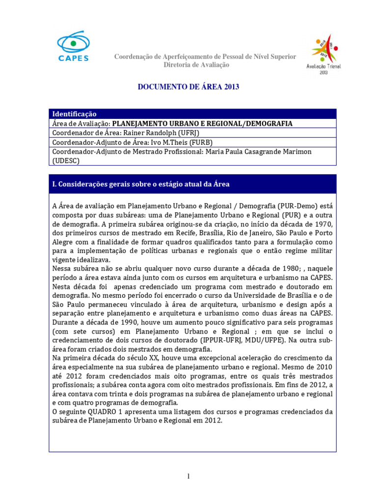 2013 - Documento de Área PURD | PDF | Interdisciplinaridade | Pós-graduação