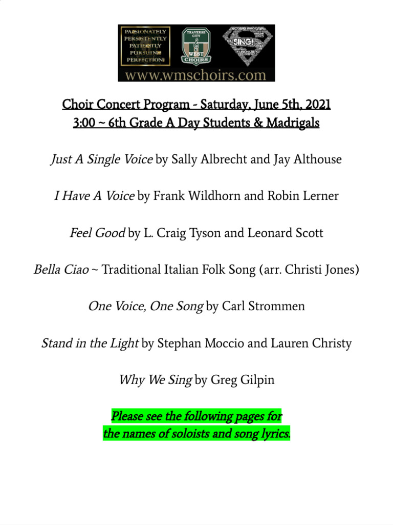 6th Grade A Day Choir Concert Program | PDF | Songs