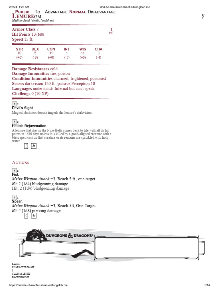 D&D 5E Character Sheet: Lemure | PDF | Role Playing | Entertainment