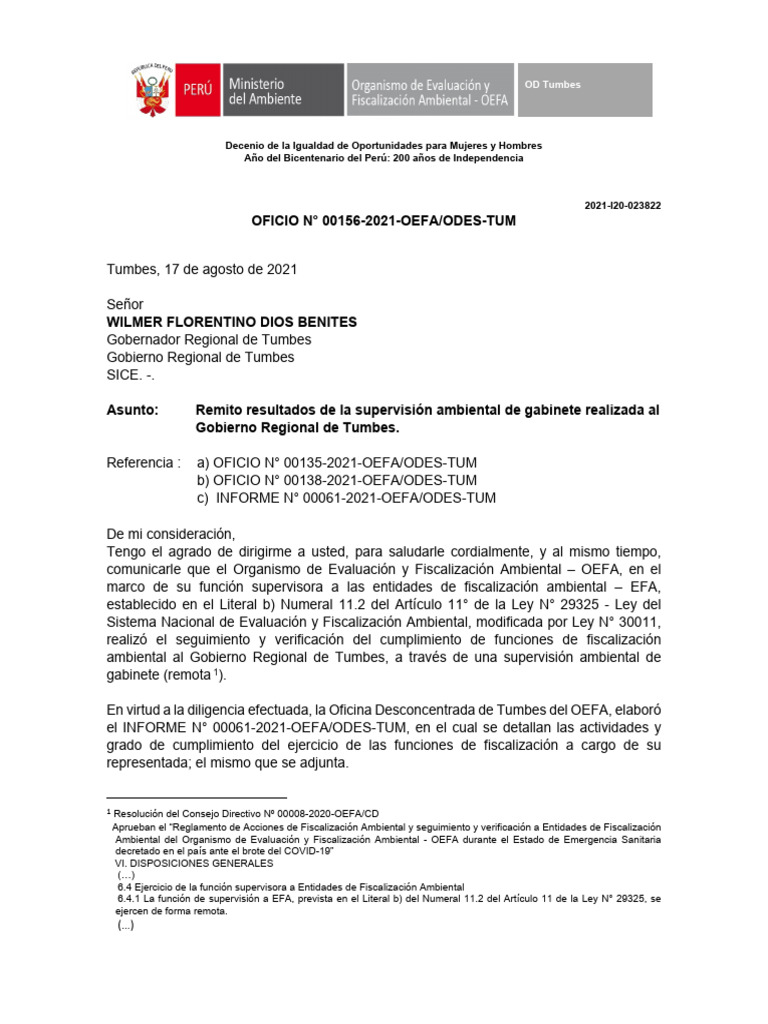 Oficio N 00156-2021-Oefa-Odes-Tum | PDF