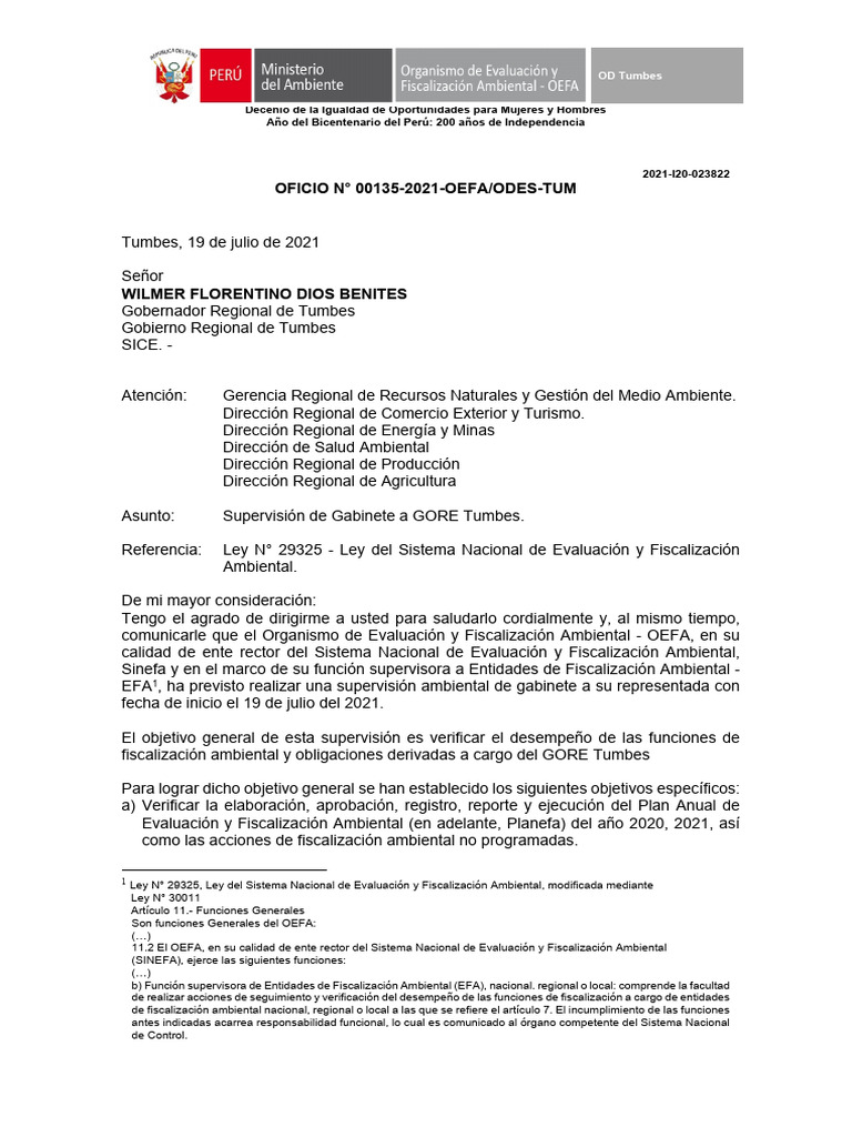 Oficio N 00135-2021-Oefa-Tumbes | PDF | Entorno natural | Perú