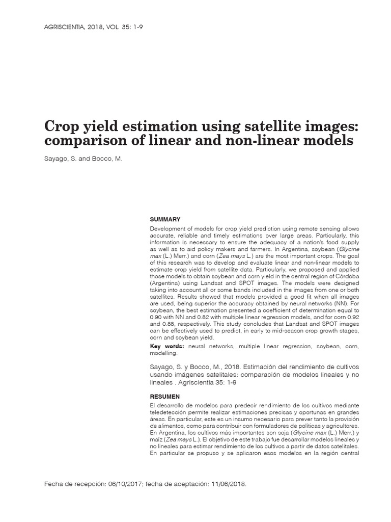 Crop Yield Estimation Using Satellite Images Compa | PDF | Computers