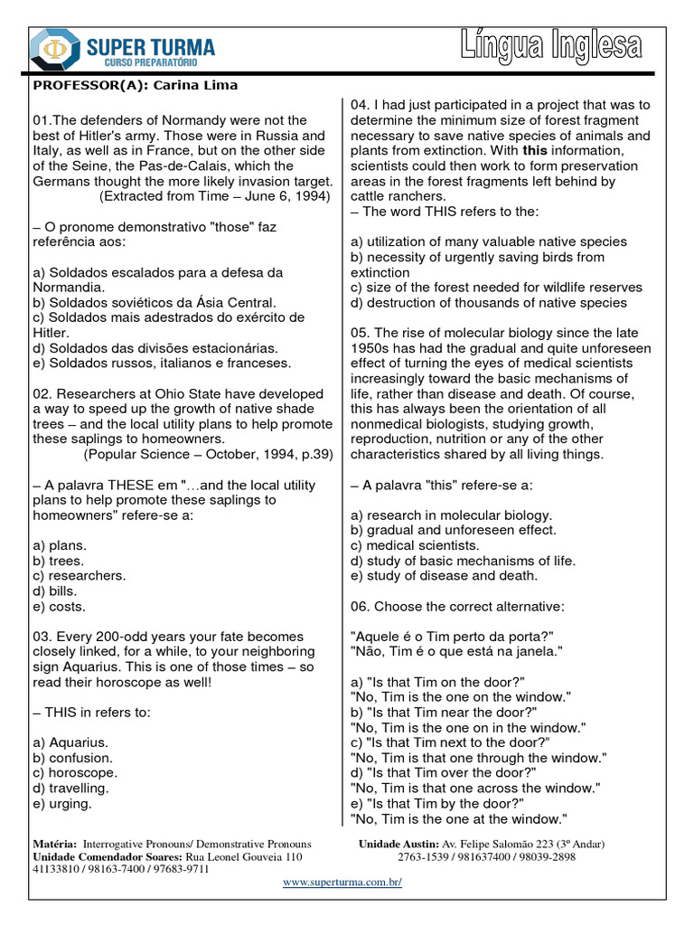 Aula 03 - Interrogative and Demonstrative Pronouns | PDF