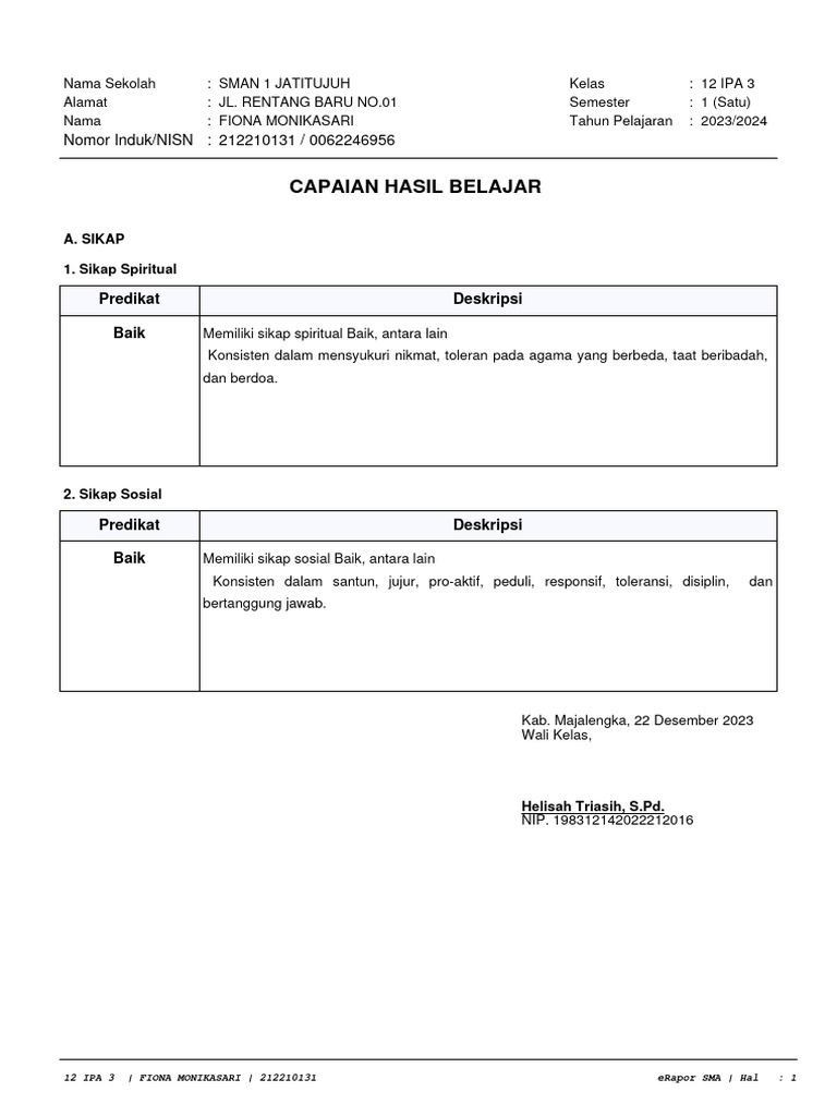 Rapor - FIONA MONIKASARI - 20231 | PDF