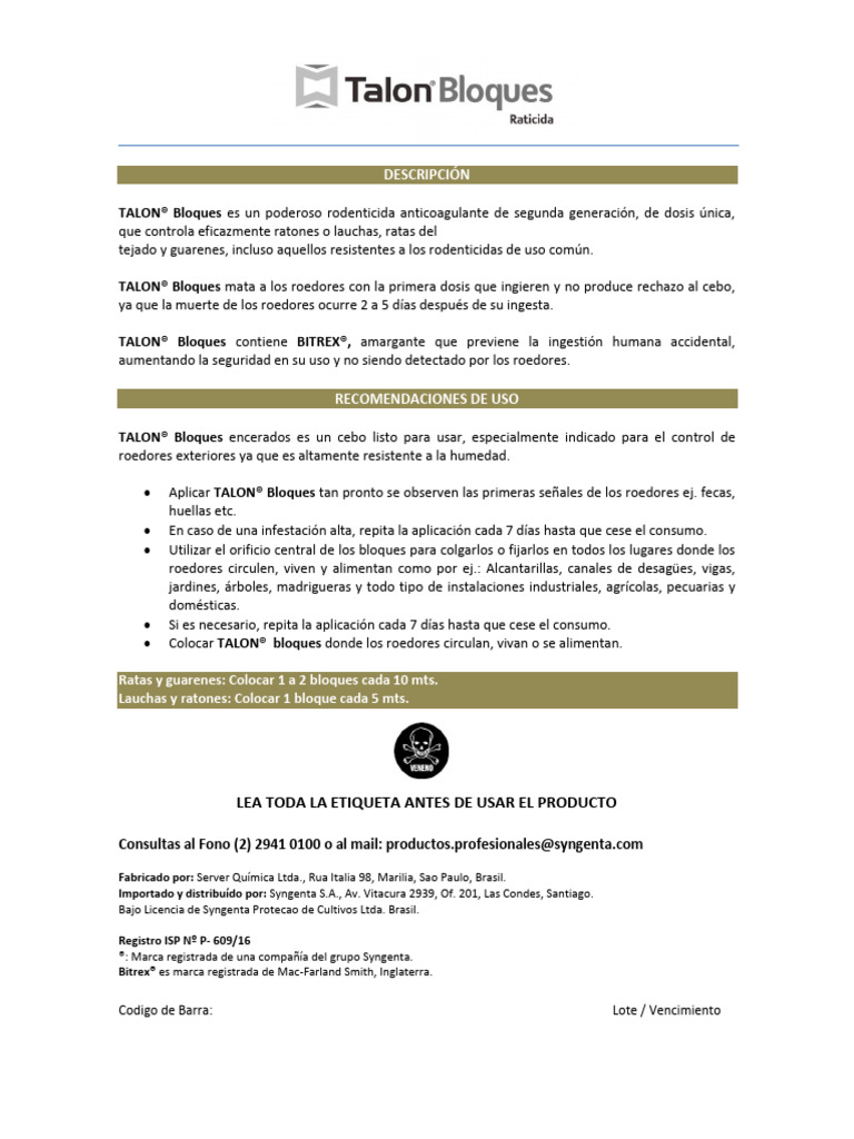 Ficha Tecnica Talon Bloques 20g Env 10 Kilos | PDF