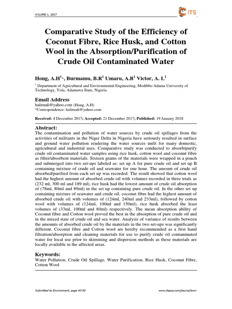 Comparative Study of The Efficiency of Coconut Fibre, Rice Husk, and Cotton Wool in The ...