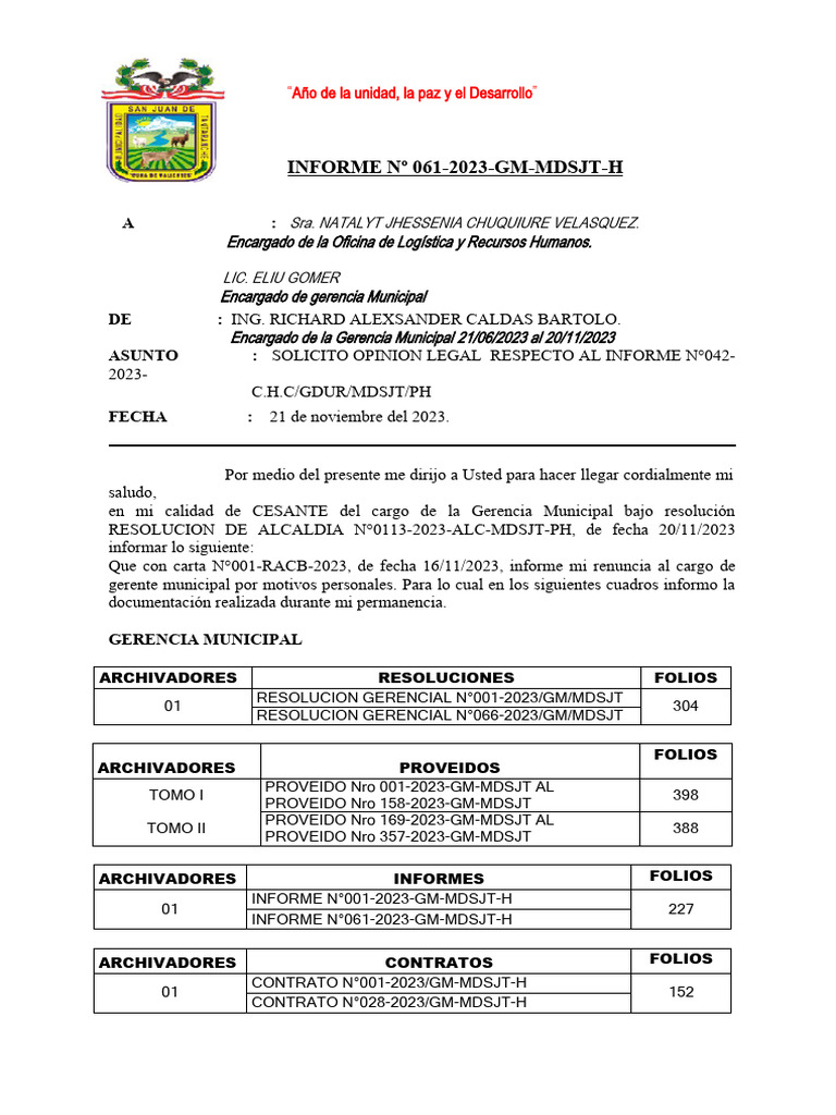 Informe N 061-Entrega de Cargo | PDF