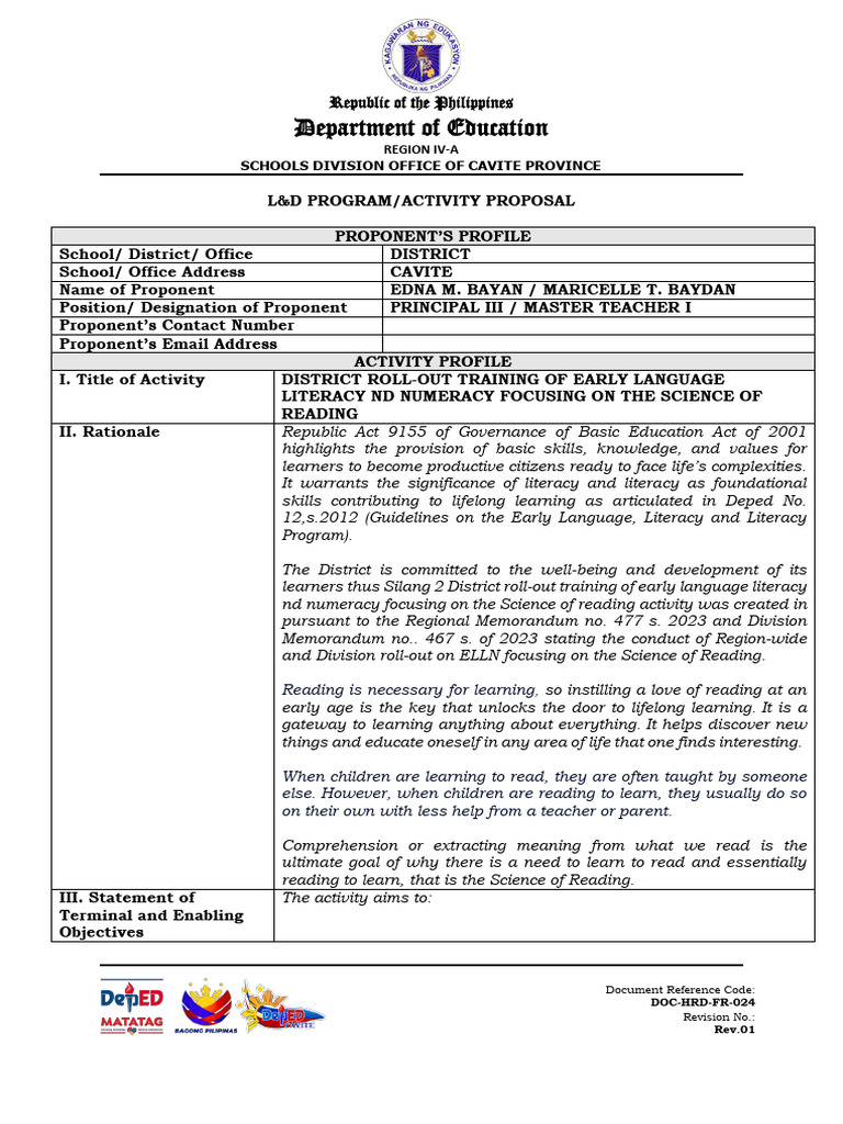 Proposal - District Roll-Out Training of Early Language Literacy and ...