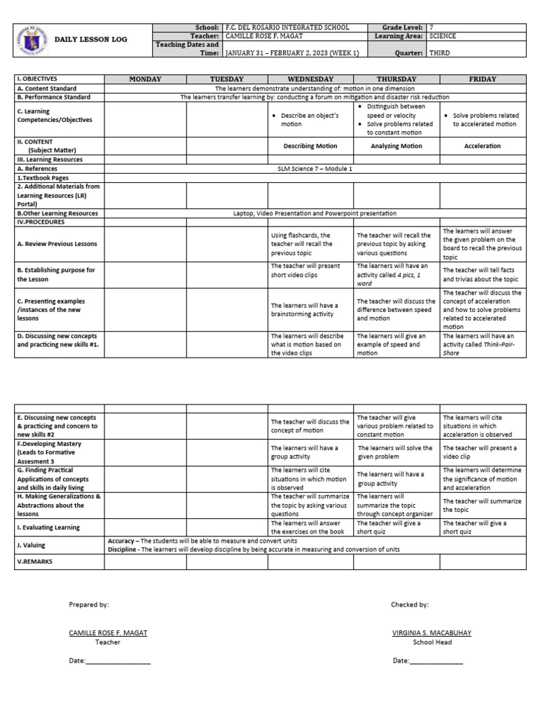 Science 7 DLL | PDF | Learning | Educational Assessment