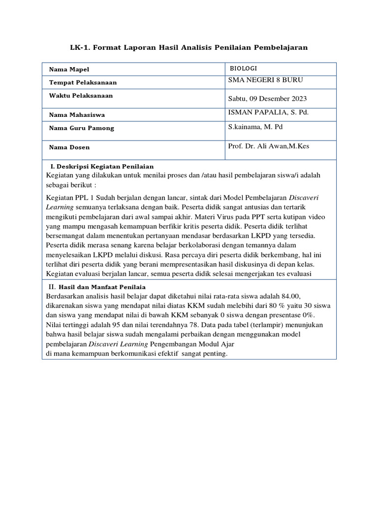 Format Hasil Asesmen Pembelajaran | PDF