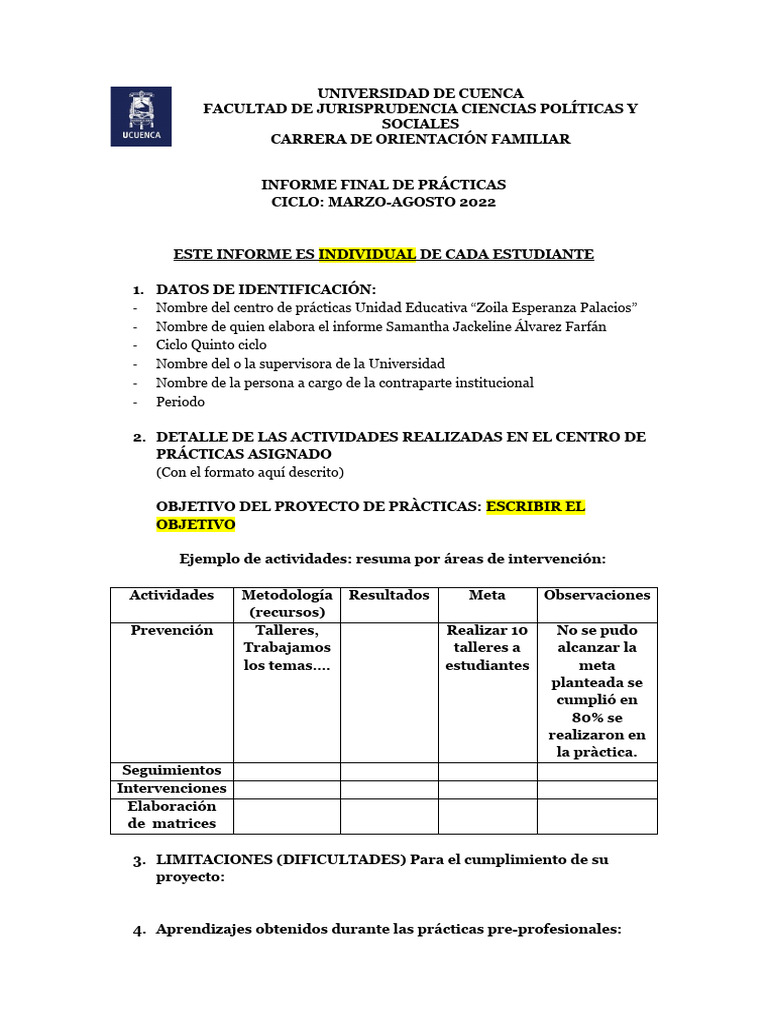 Pauta para La Elaboracion Del Informe Final de Prácticas de La Carrera ... Pauta para La Elaboracion Del Informe Final de Prácticas de La Carrera ...