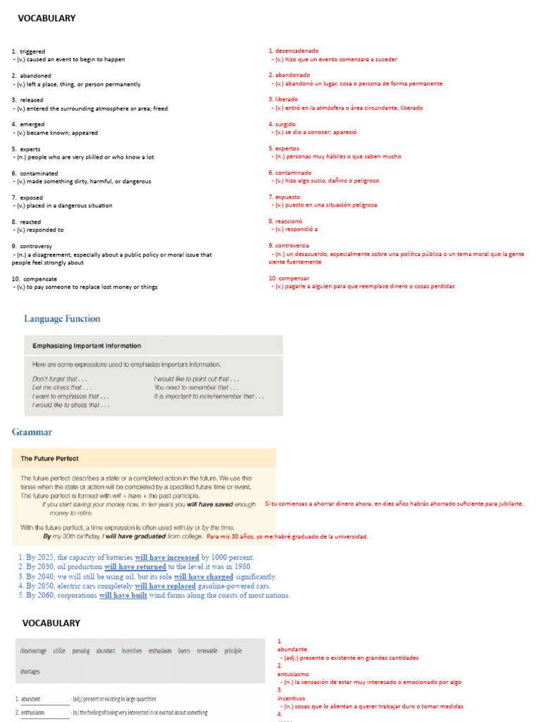 Gramar y Vocabulario de La Unidad 4 | PDF