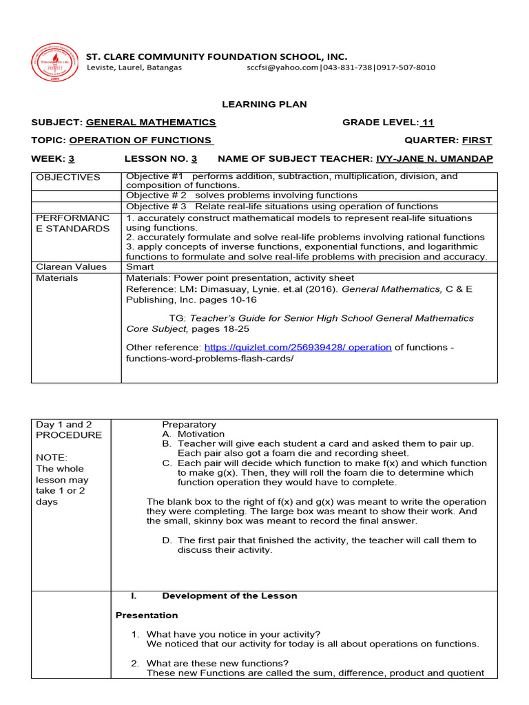 Learning-Plan-GENERAL MATHEMATICS 11 Lesson 3 | PDF