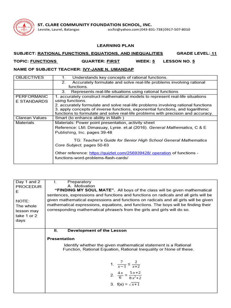 Learning-Plan-GENERAL MATHEMATICS 11 Lesson 5 | PDF | Function (Mathematics) | Equations