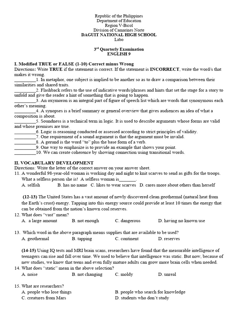 Grade 9 Modified T or F | PDF