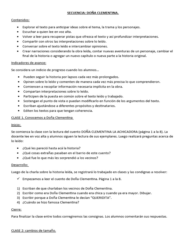 Actividades de Doña Clementina para 3er Grado | PDF