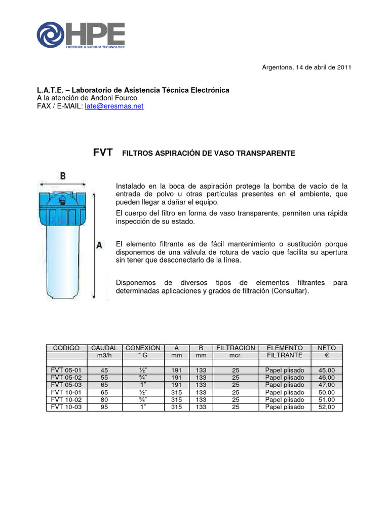 Filtro Aspiración Vaso Transparente FVT - 14.04.2011 | PDF