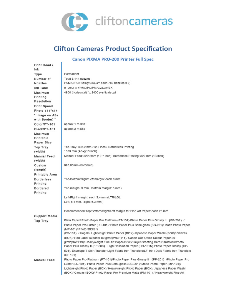 Canon PIXMA PRO-200 Printer Full Spec | PDF