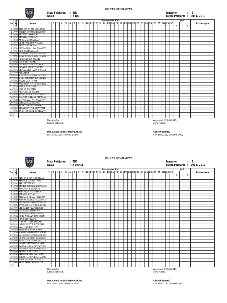 Sem2-Presensi Siswa-Kelas10 | PDF