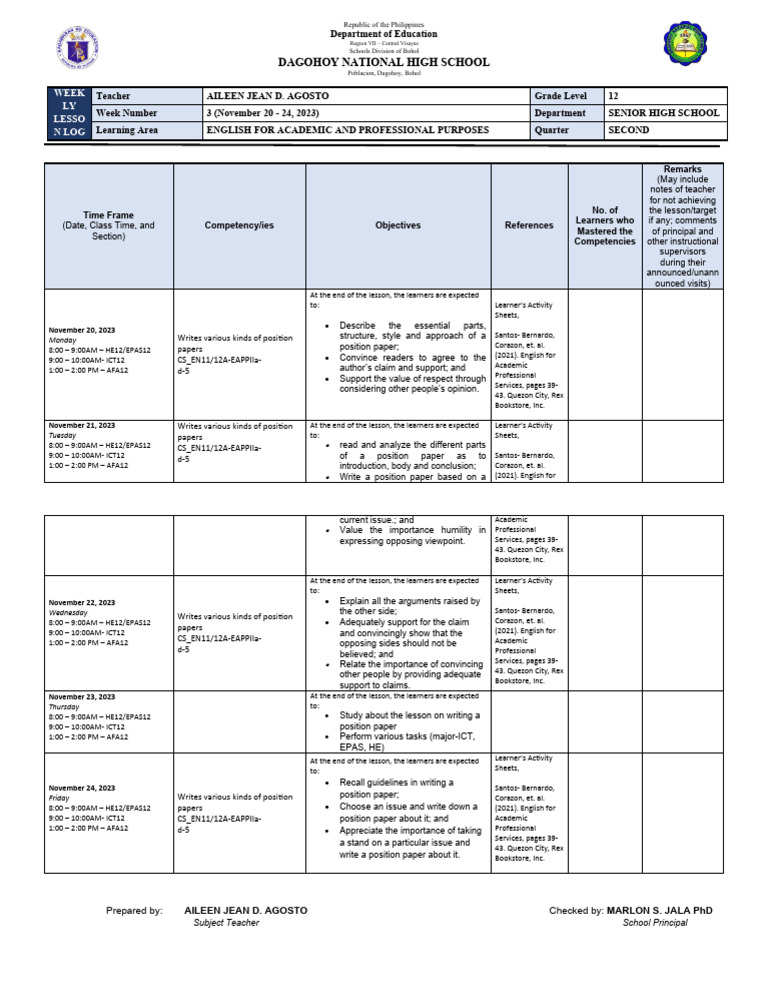 Week 3 Lesson Log in EAPP | PDF | Human Communication | Cognition