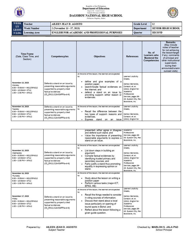 Week 2 Lesson Log in EAPP | PDF