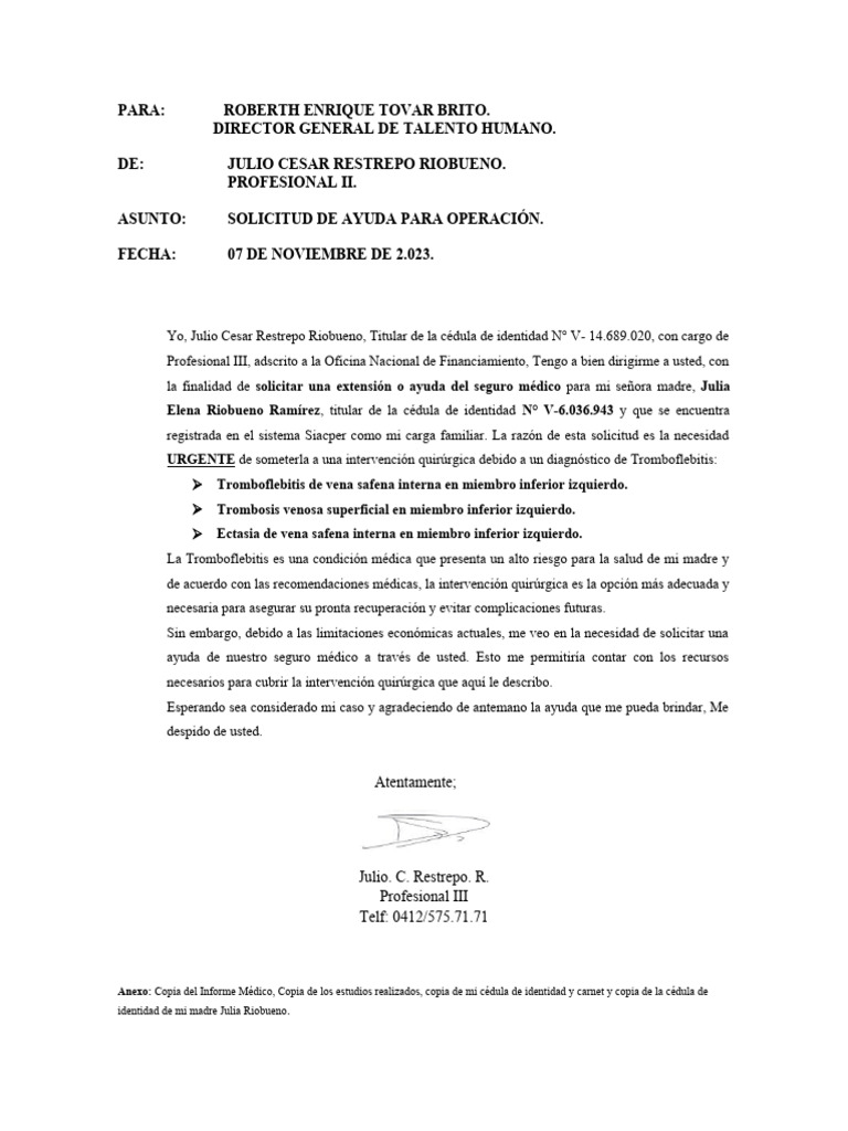 Carta Solicitud de Apoyo para Operacion | PDF