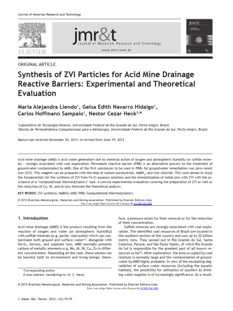 Synthesis of ZVI Particles For Acid Mine Drainage - 2012 - Journal of ...