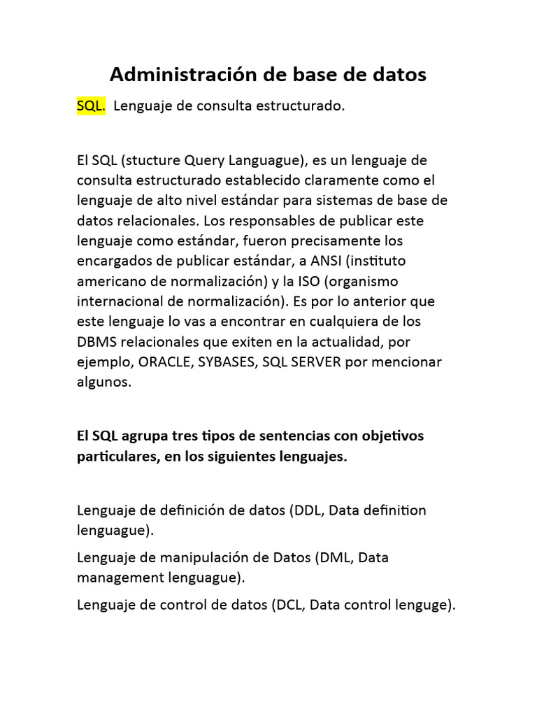 Administración de Base de Datos | PDF | SQL | Bases de datos