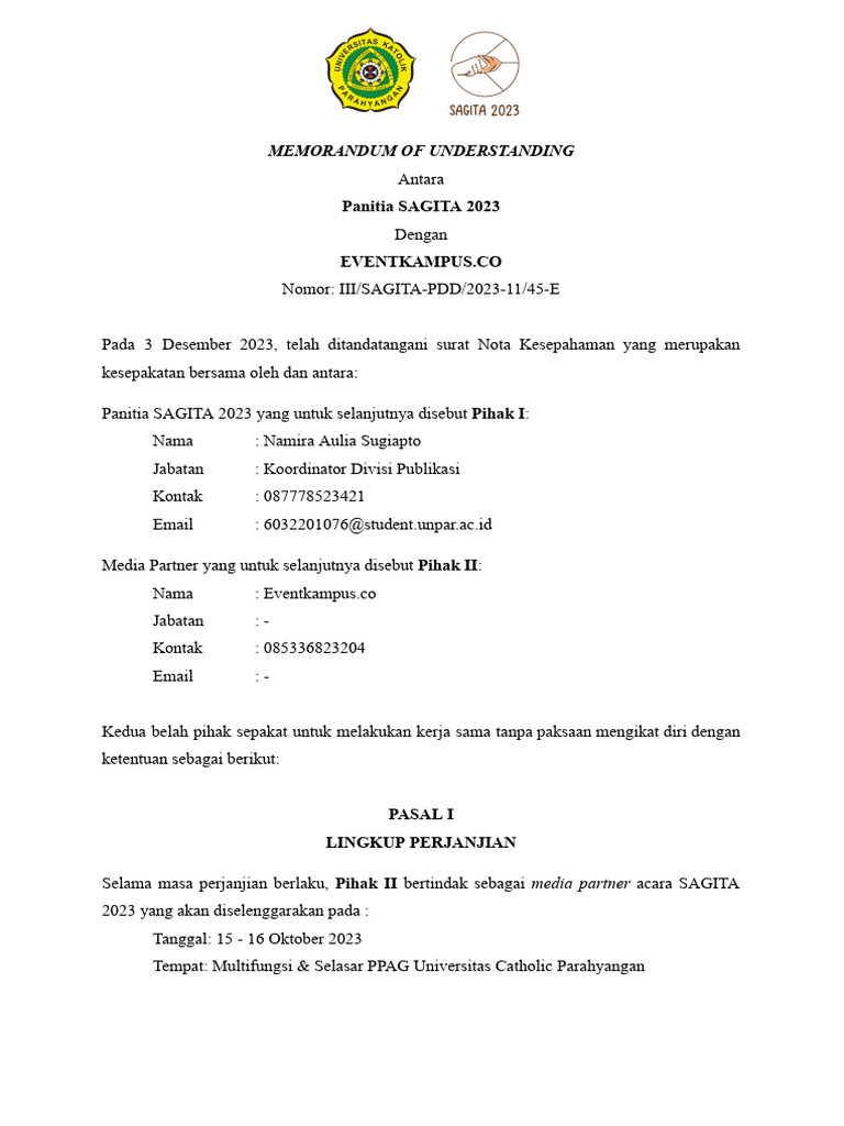 MoU Media Partner SAGITA 2023 Dengan @eventkampus - Co | PDF