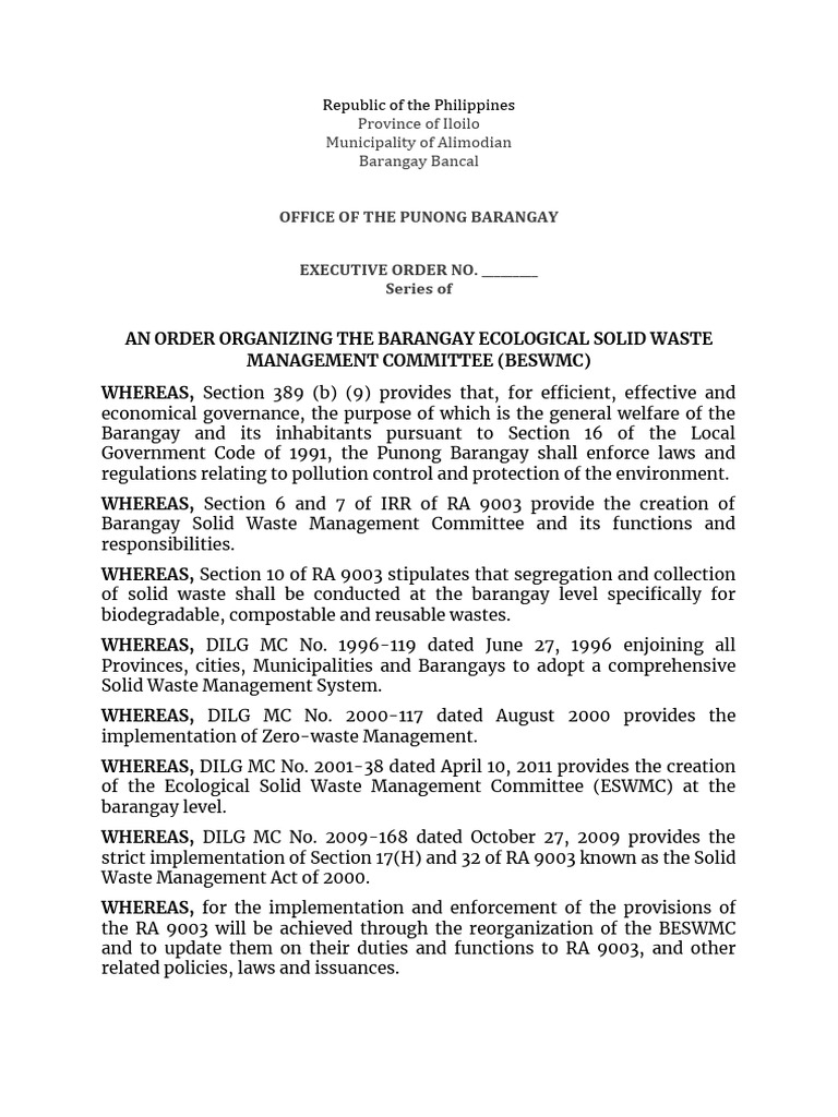 Barangay Ecological Solid Waste Management | PDF