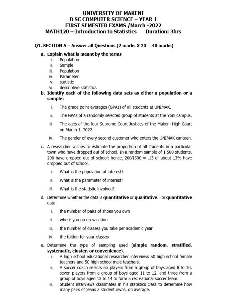 MATH120 - Introduction To Statistics Questions Yr 1-1 | PDF